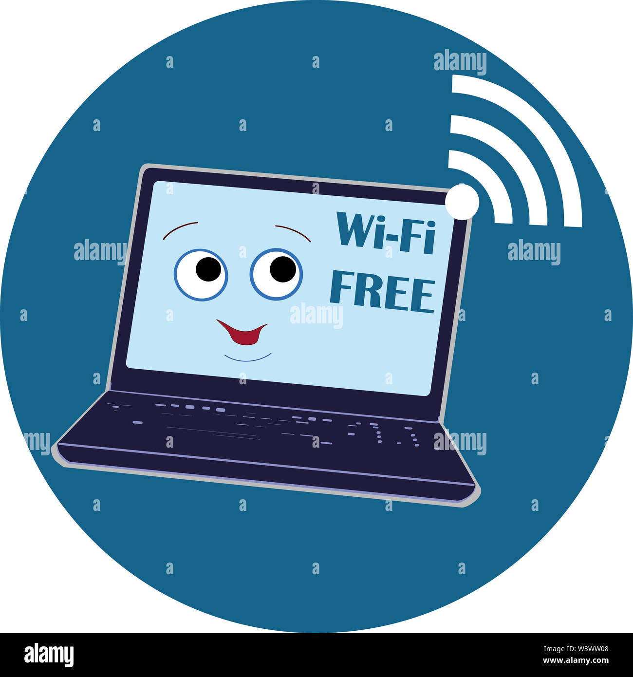 Flat drawing of a laptop with a face. Sign, symbol of free wi-fi ...