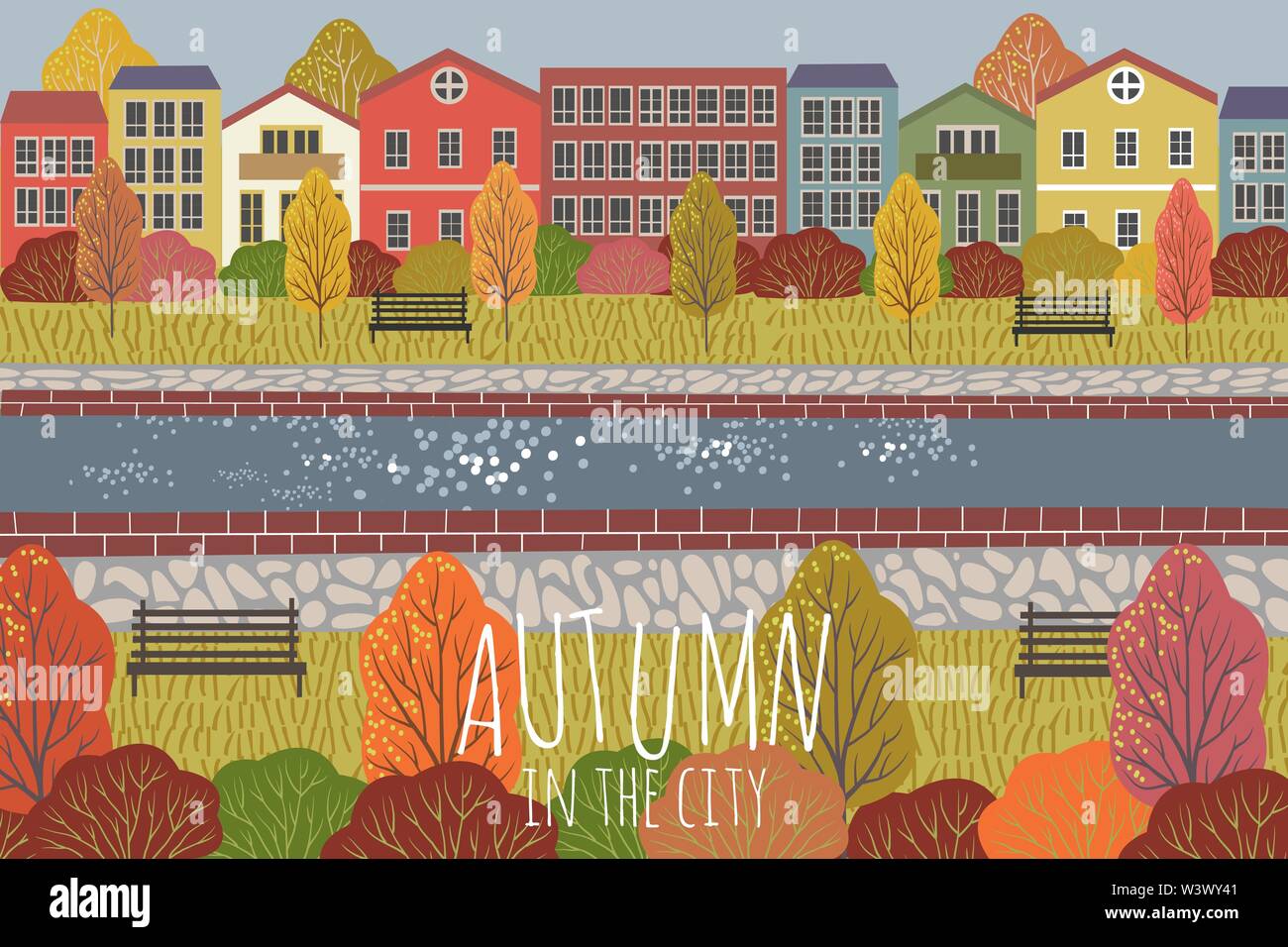 Autumn background. Cute flat vector illustration of city landscape with ...