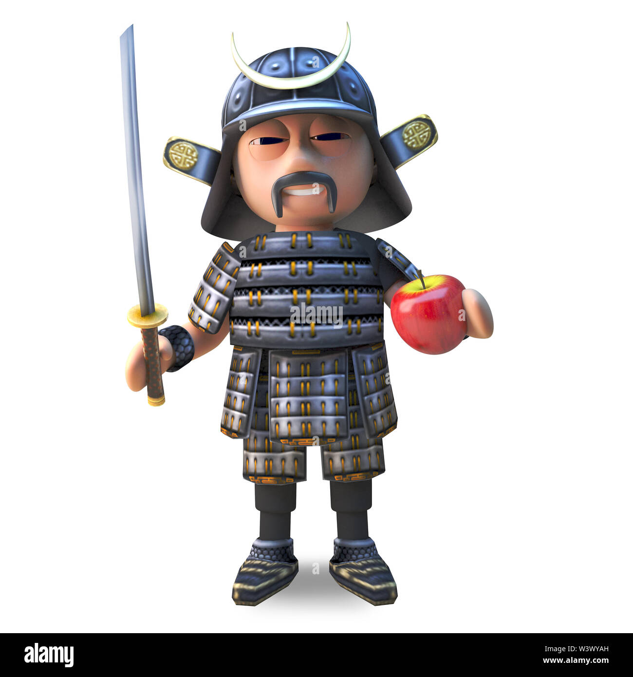 Mighty Japanese samurai warrior in 3d about to cut an apple with his ...