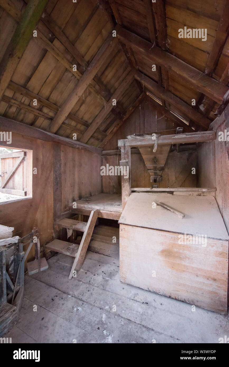 interior of retro wooden watermill with old equipment Stock Photo - Alamy
