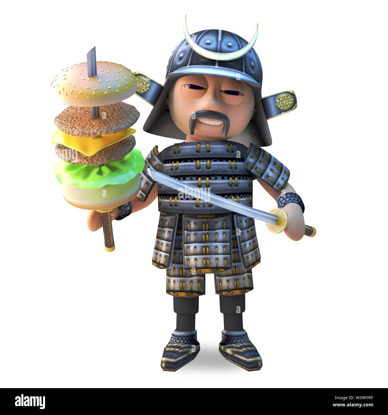 Hungry 3d Japanese samurai warrior constructs a cheese burger on his ...
