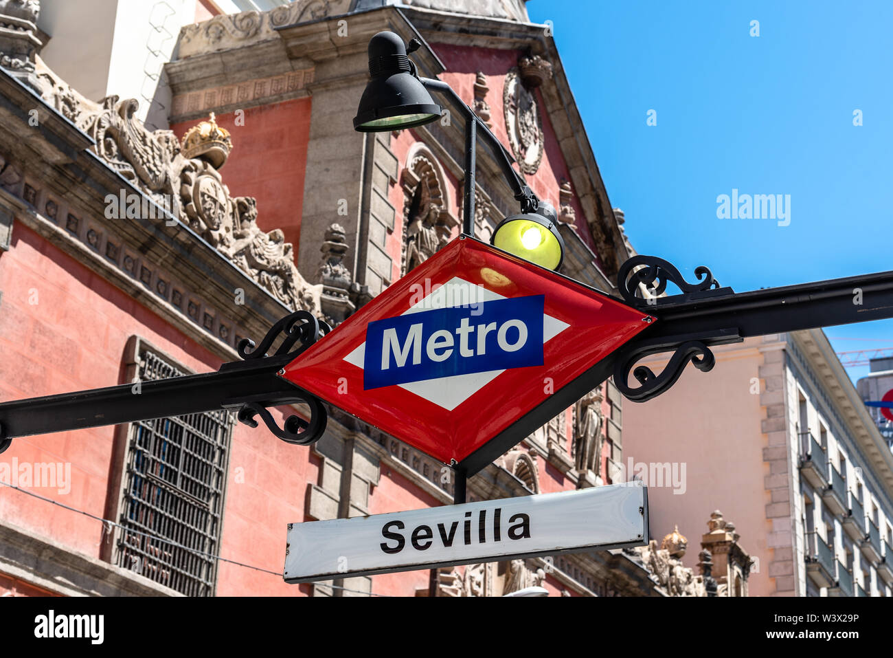 Low angle view of Madrid Metro sign, Sevilla station. Underground sign ...