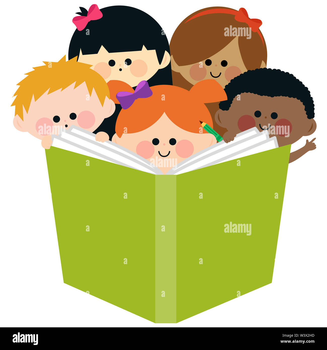 Happy diverse group of children reading together a big book. Cute kids ...