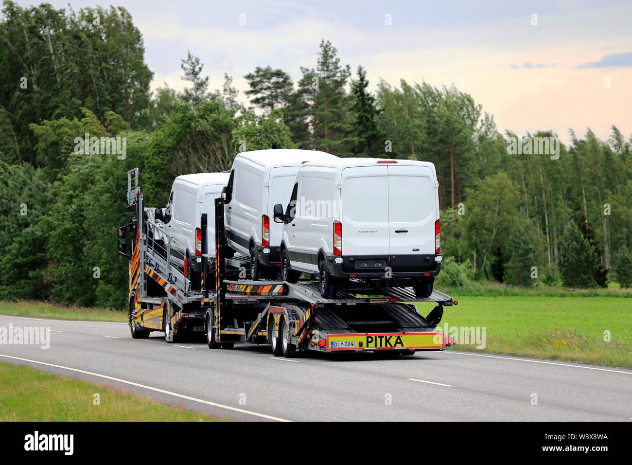 Salo, Finland - June 29, 2019: Long transport vehicle carrier Scania ...
