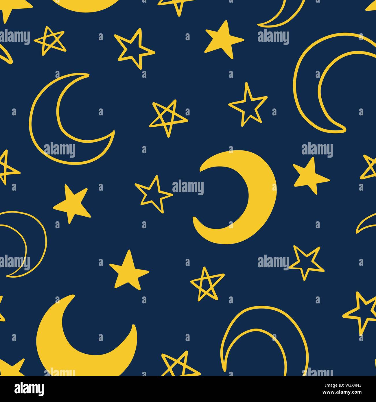 Moon and stars doodle seamless repeat pattern. Vector illustration ...