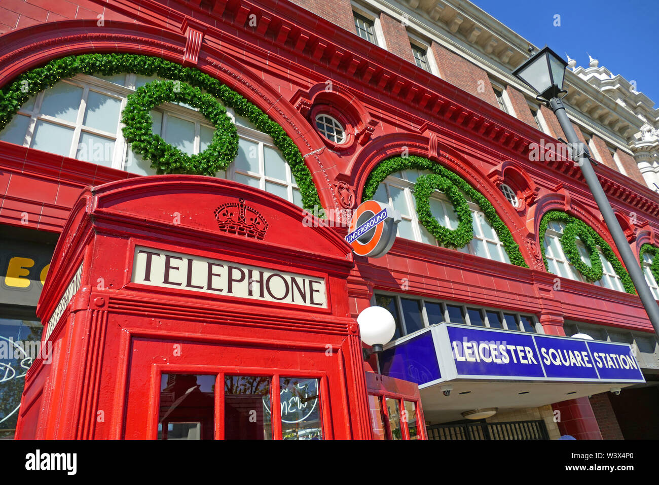 Famous red phone box infront of Leicester Square Station in Universal ...