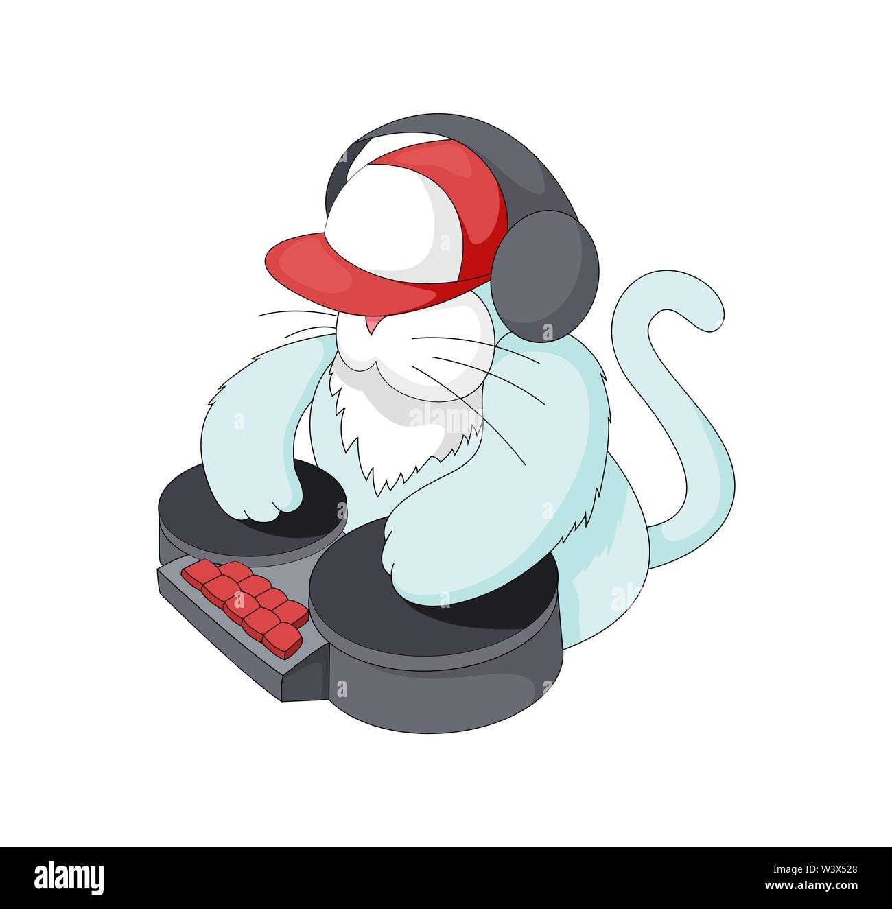 DJ cat cartoon vector illustration for print design isolated on white ...