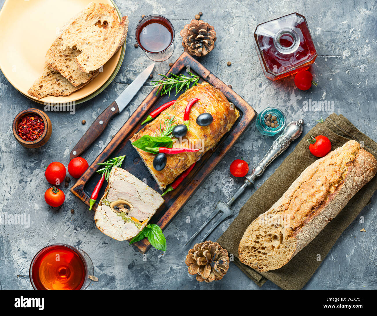 Terrine with bacon and turkey meat.French food.Christmas terrine of ...