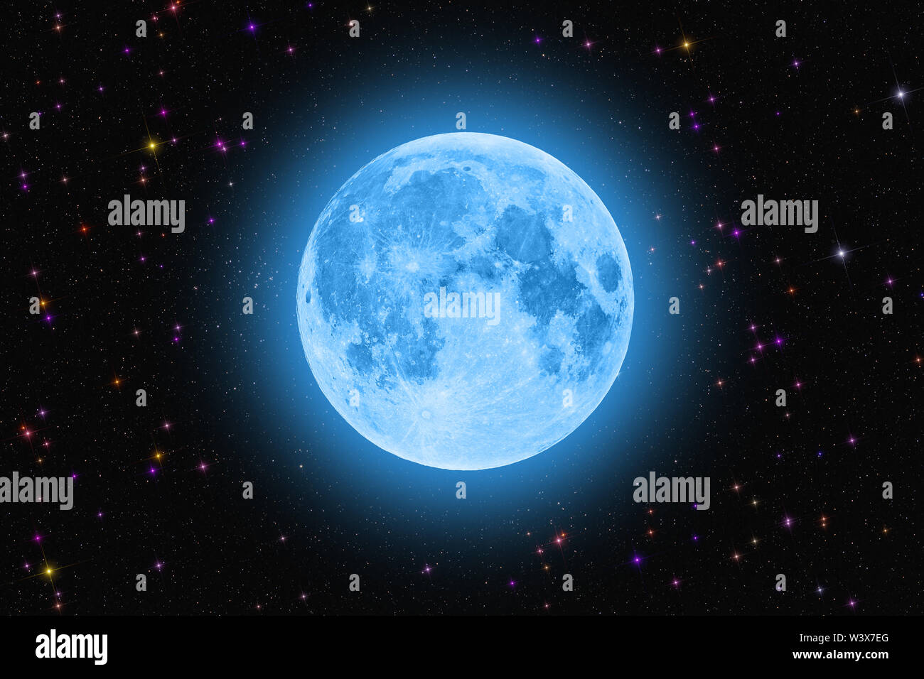 Blue super moon glowing against colorful starry sky dark background ...