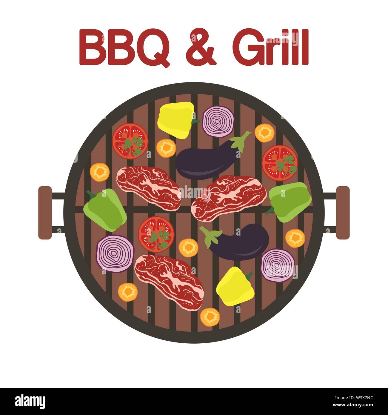 Vector illustration with round barbecue grill top view with meat and ...