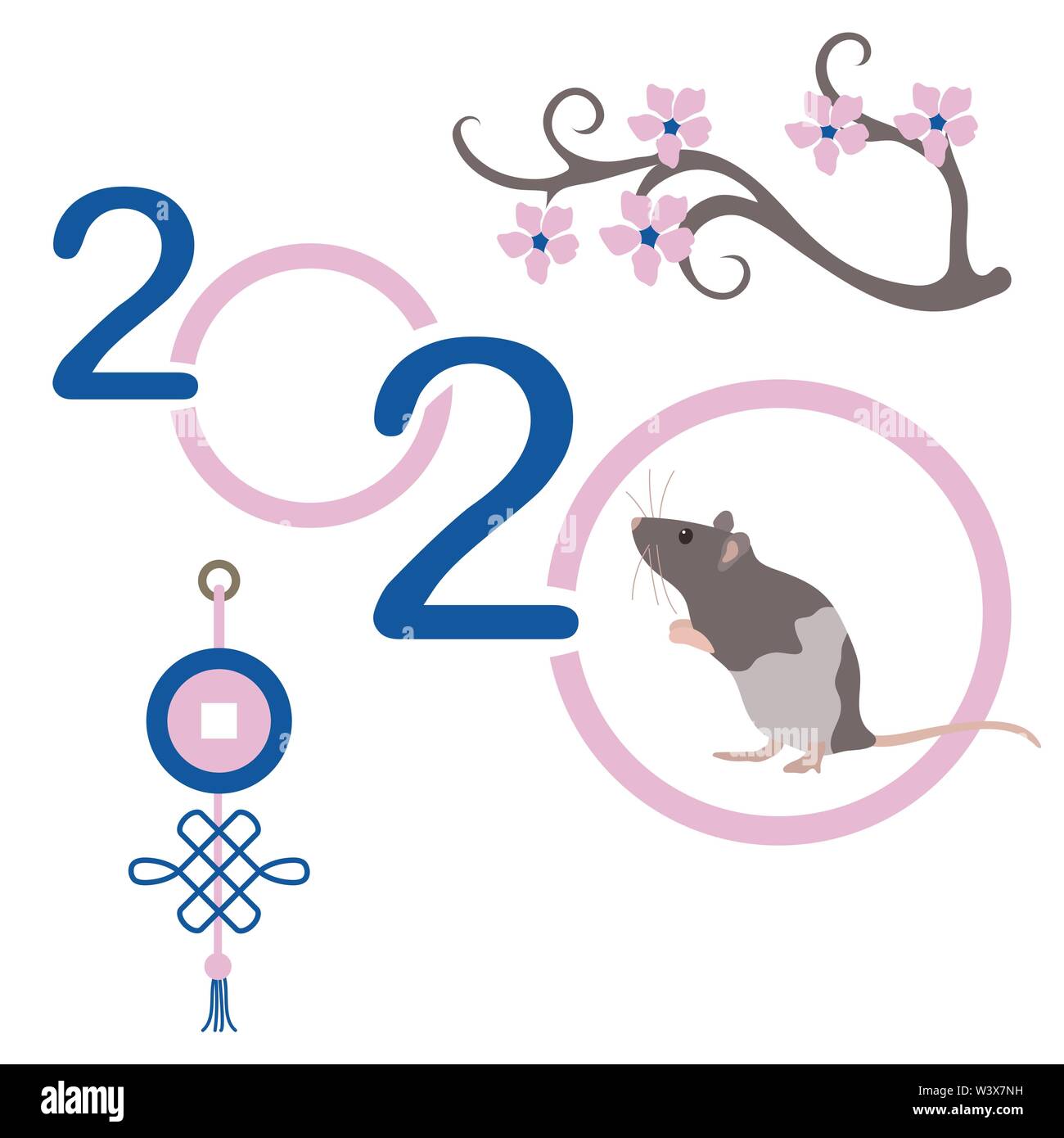 Happy new year. Vector illustration with 2020 year numbers and rat. Rat ...