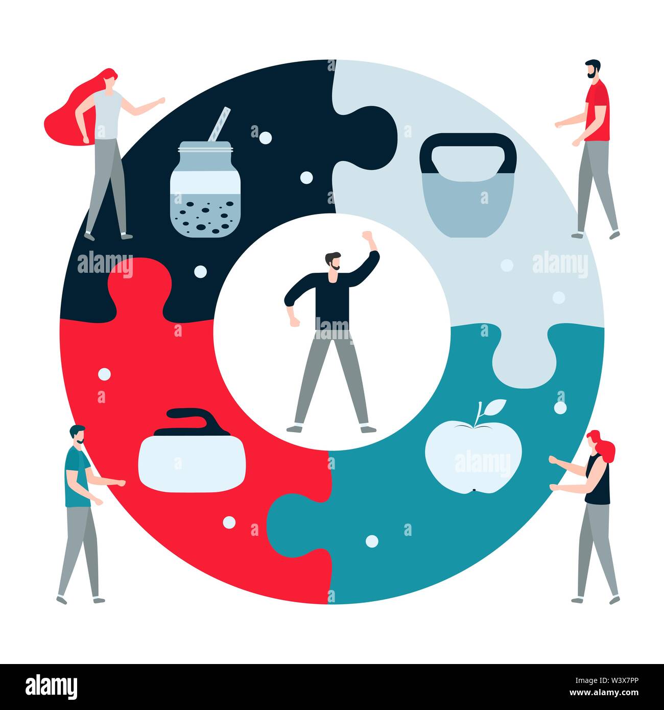 Vector illustration with people, puzzle, kettlebell, curling equipment ...
