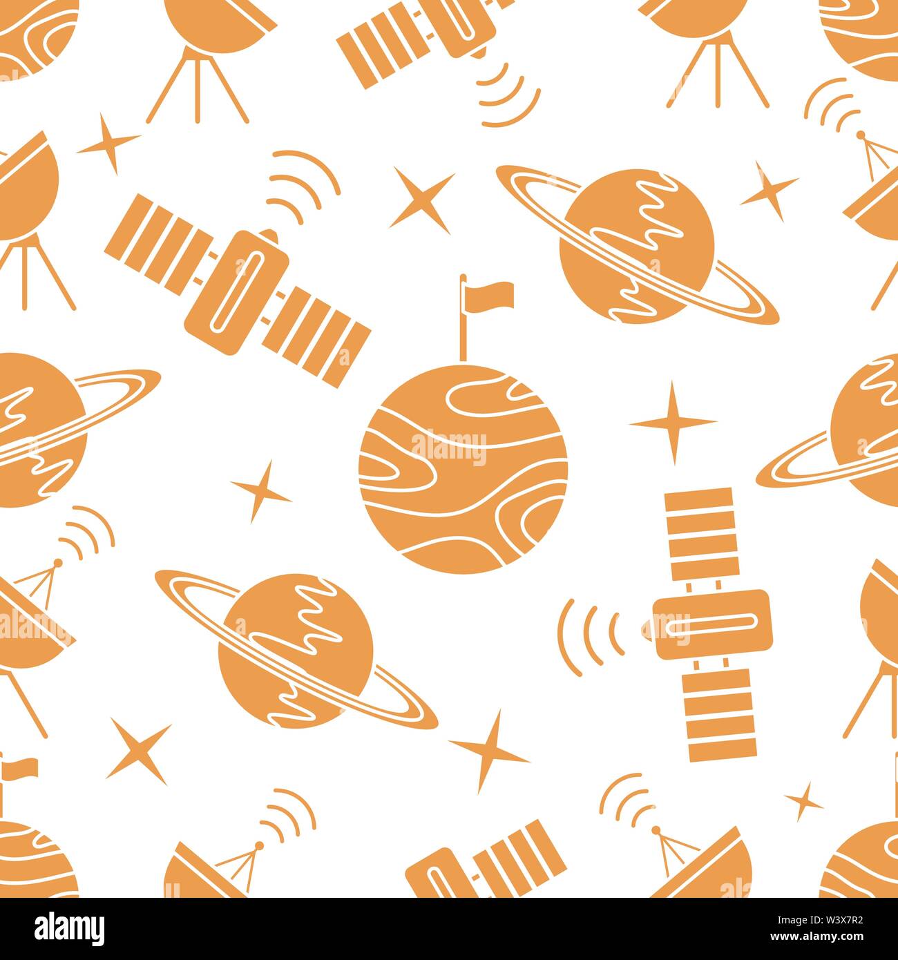 Seamless vector pattern with planets, Saturn, stars, orbital station, radar. Space exploration ...