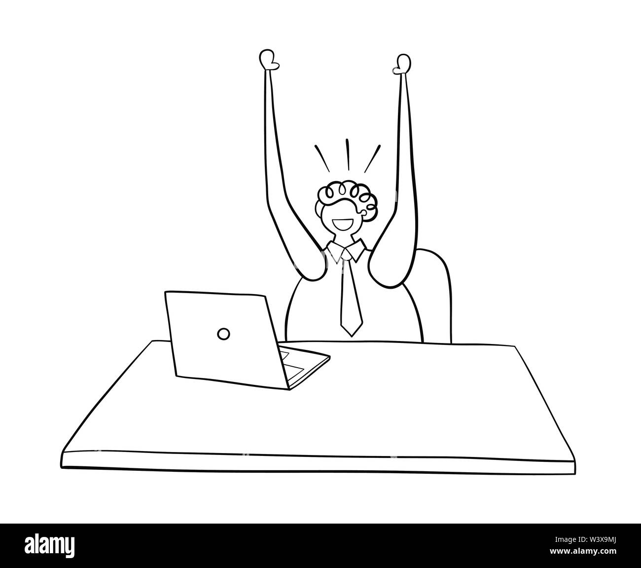 Businessman working on computer and happy, hand-drawn vector ...