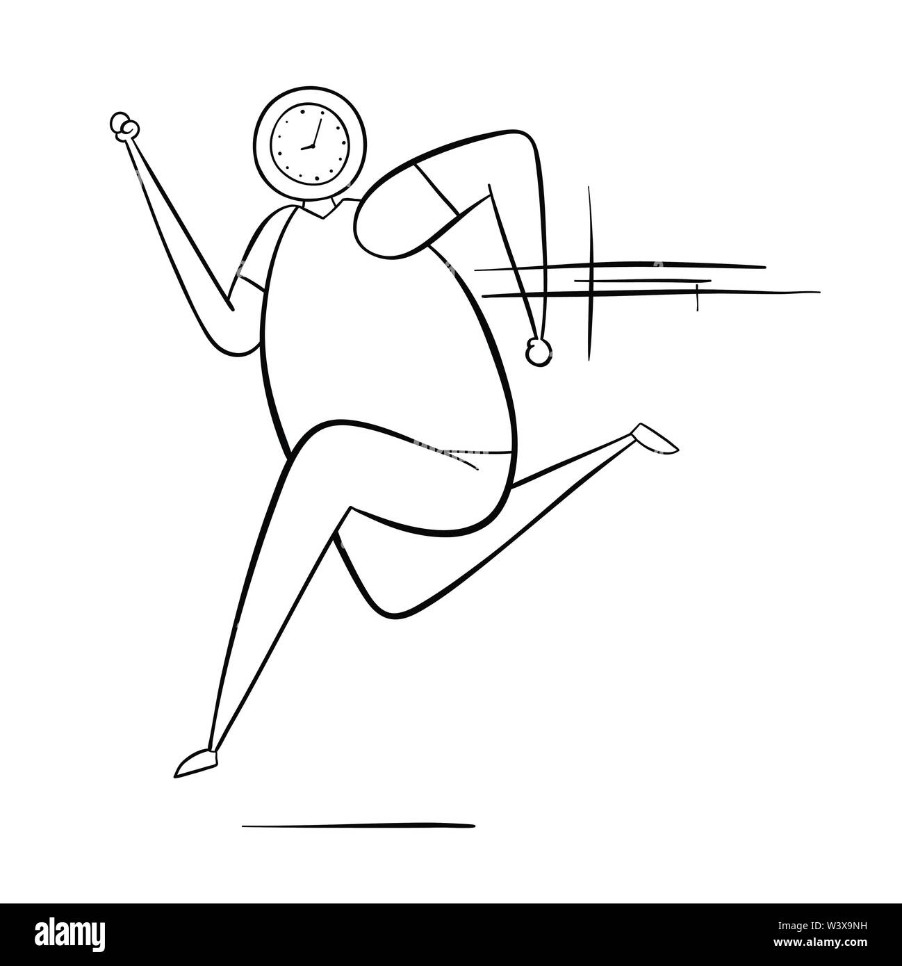 Man with clock head and running, hand-drawn vector illustration. Black ...