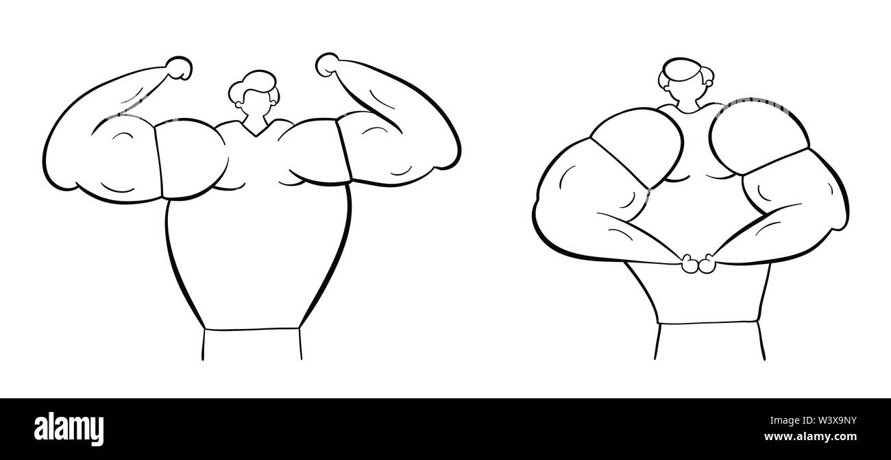 Muscular men show their muscles, hand-drawn vector illustration. Black ...