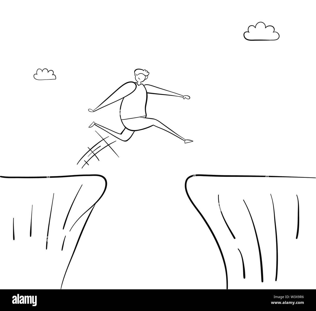 Man jumping over abyss, hand-drawn vector illustration. Black outlines ...