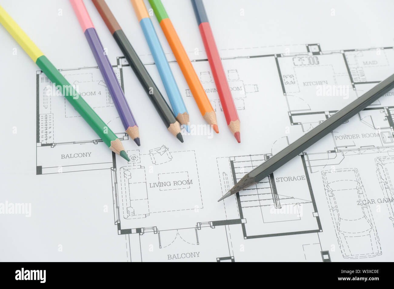 colors and material samples on architectural drawings of the modern ...