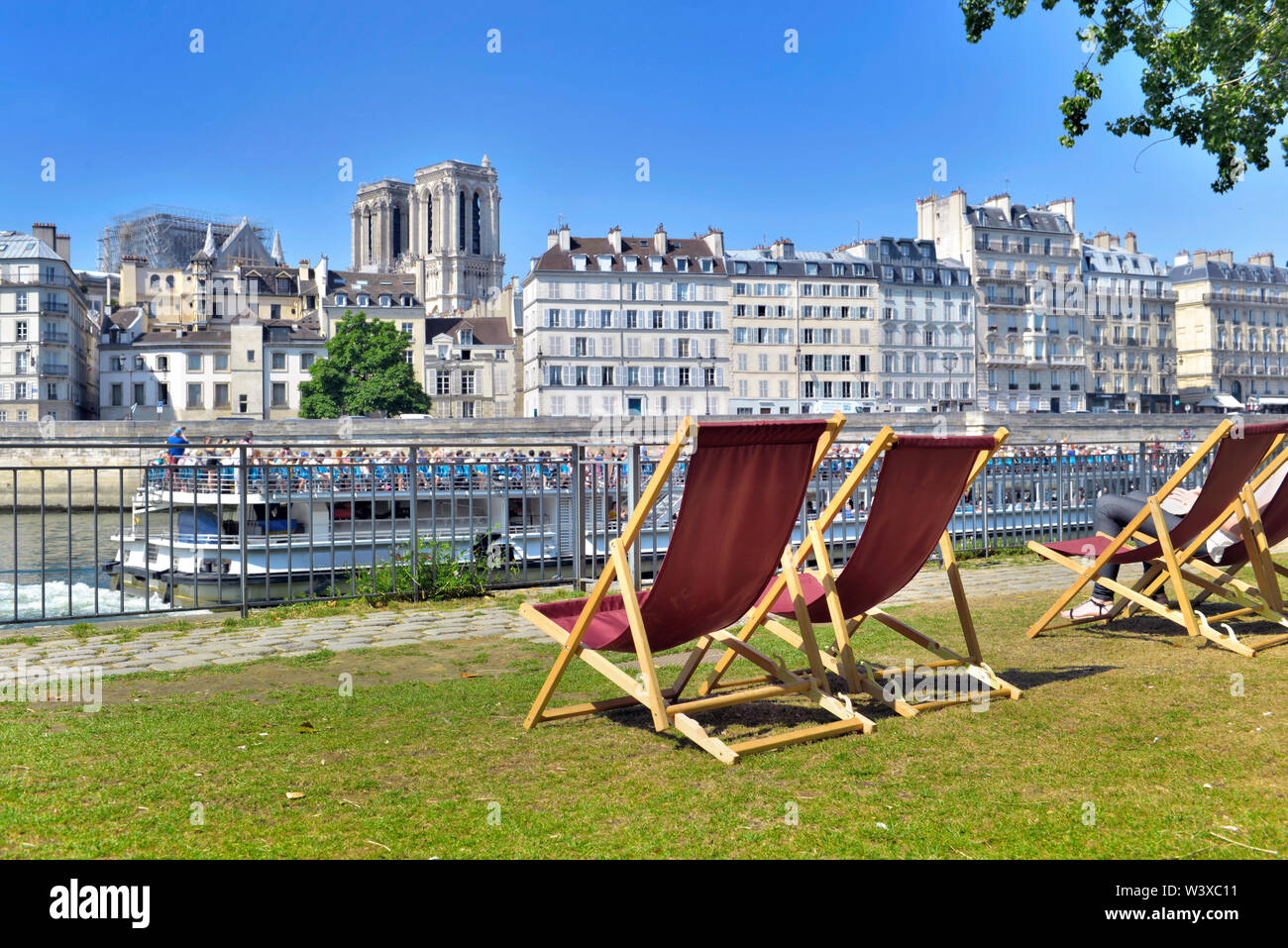 lounge chairs on grass in front of Parisian buildings and Notre Dame ...