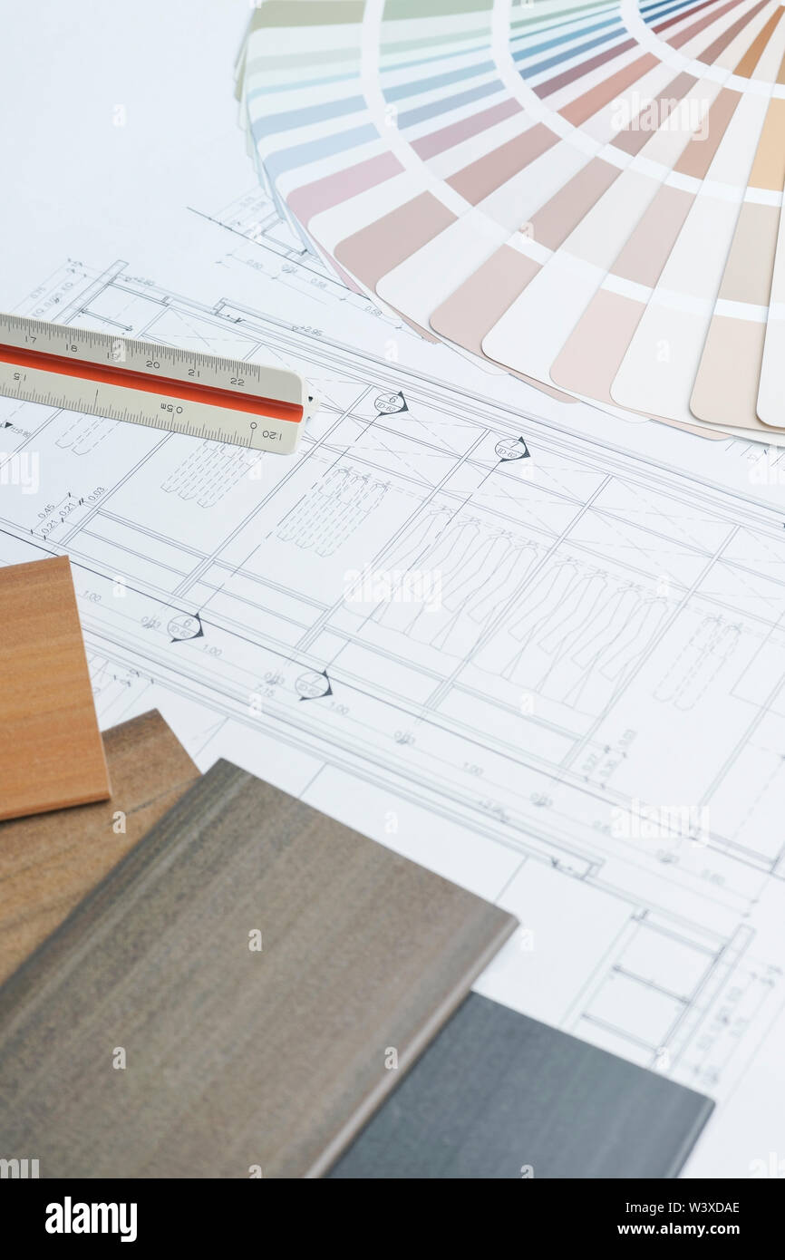 color and material samples on architectural drawings of the modern ...