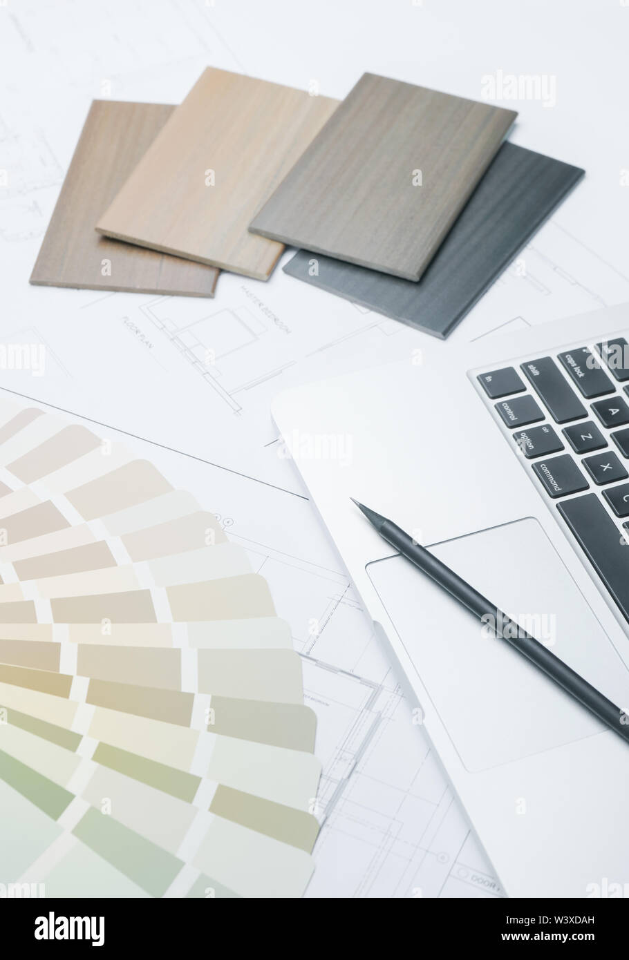 color and material samples on architectural drawings of the modern ...