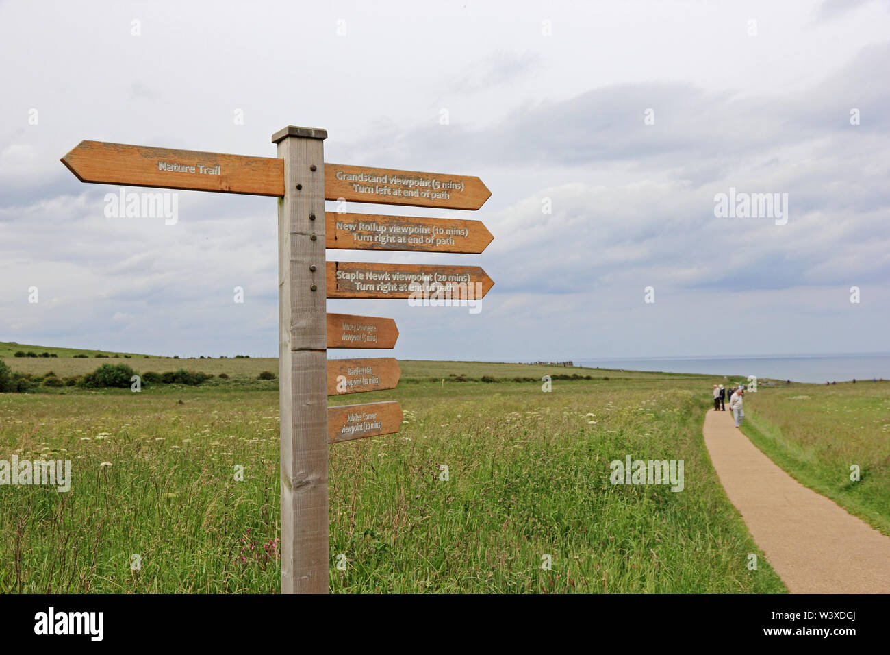 Signpost showing directions of various areas of RSPB Bempton Cliffs ...