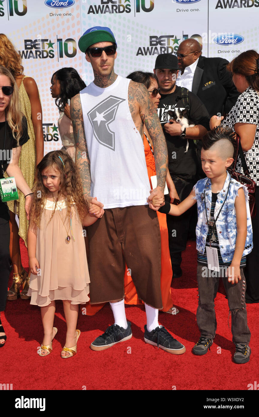 LOS ANGELES, CA. June 27, 2010: Travis Barker & kids at the 2010 BET ...