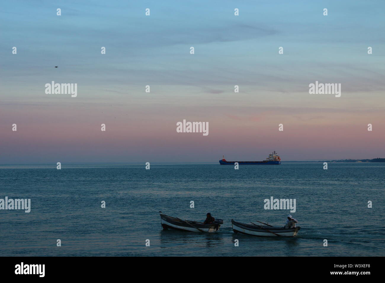 Two Boats and One Ship in the River, Portugal,Setúbal Stock Photo - Alamy