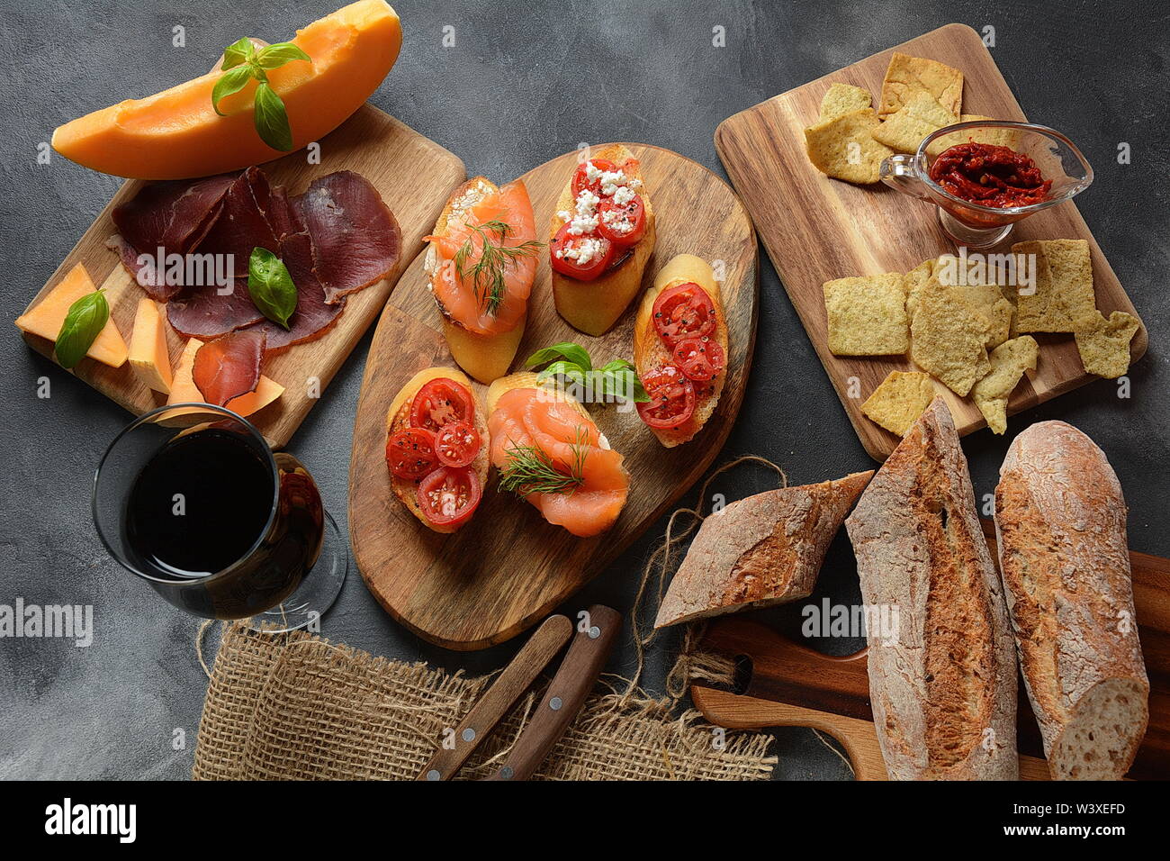 Brushetta or traditional Spanish tapas. Appetizers with Italian ...