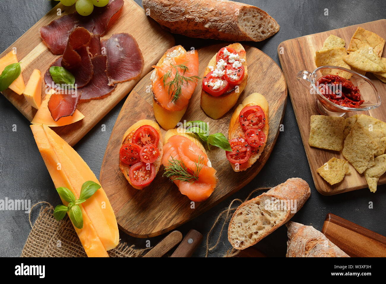 Brushetta or traditional Spanish tapas. Appetizers with Italian ...