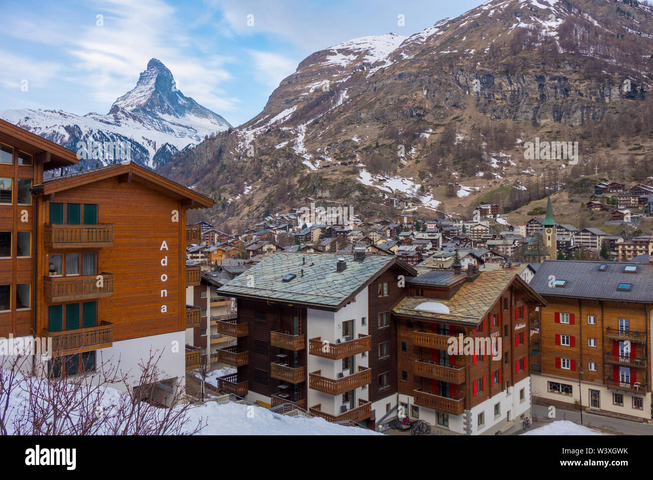 Scenic view of Matterhorn peak and city of Zermatt, Switzerland Stock ...