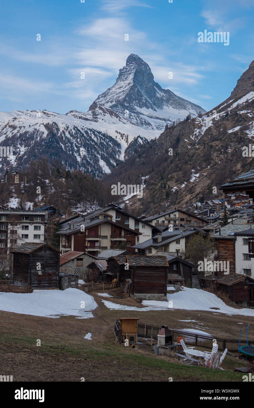 Scenic view of Matterhorn peak and city of Zermatt, Switzerland Stock ...
