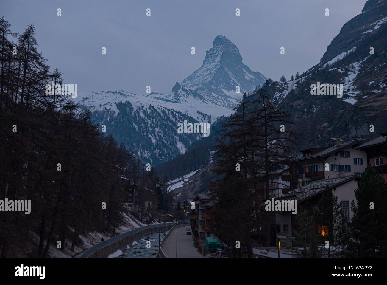 Scenic view of Matterhorn peak and city of Zermatt, Switzerland Stock ...
