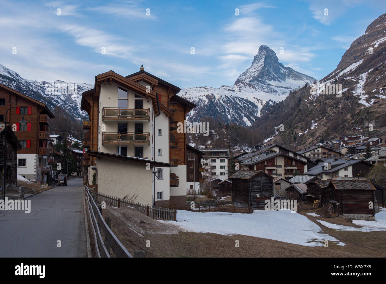 Scenic view of Matterhorn peak and city of Zermatt, Switzerland Stock ...