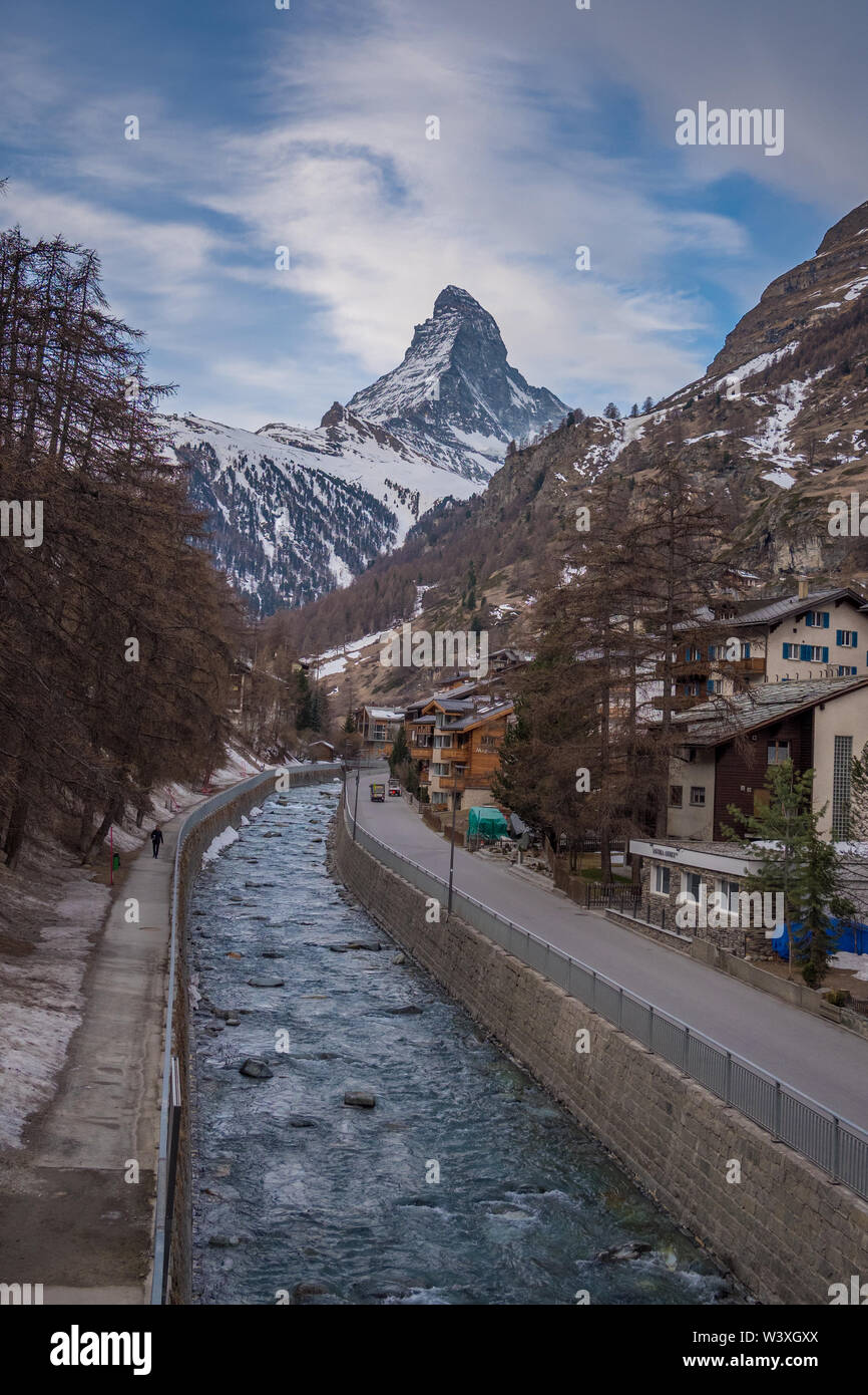 Scenic view of Matterhorn peak and city of Zermatt, Switzerland Stock ...