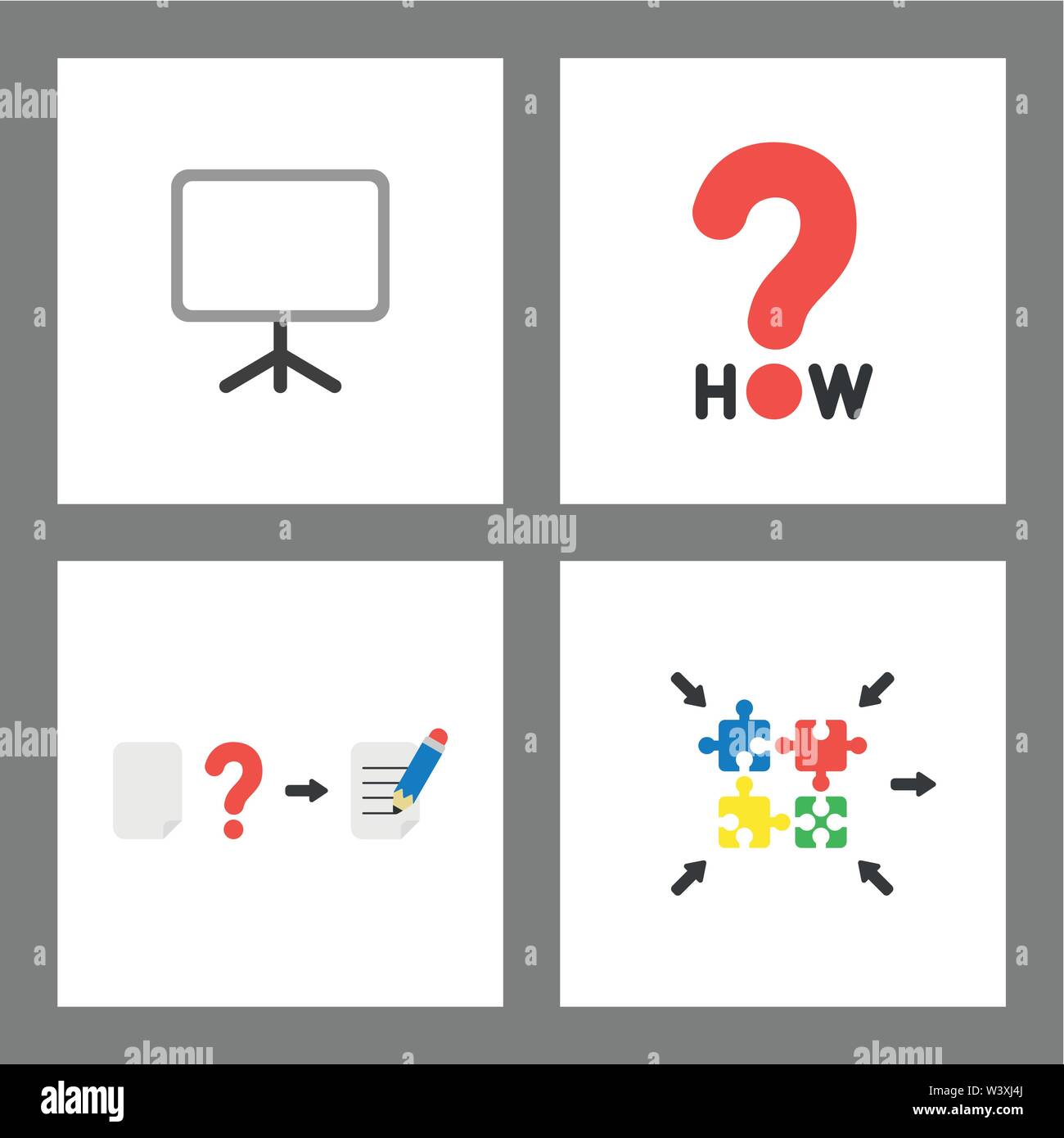 Vector icon concept set. Presentation chart, how word and question mark ...