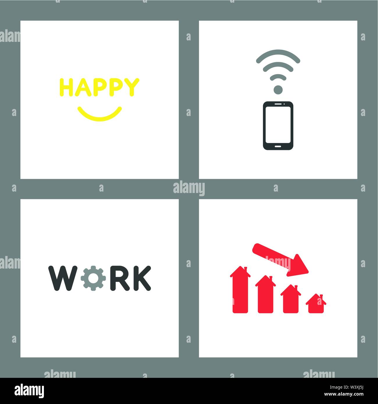 Vector icon concept set. Happy word with smiling mouth, smartphone with ...