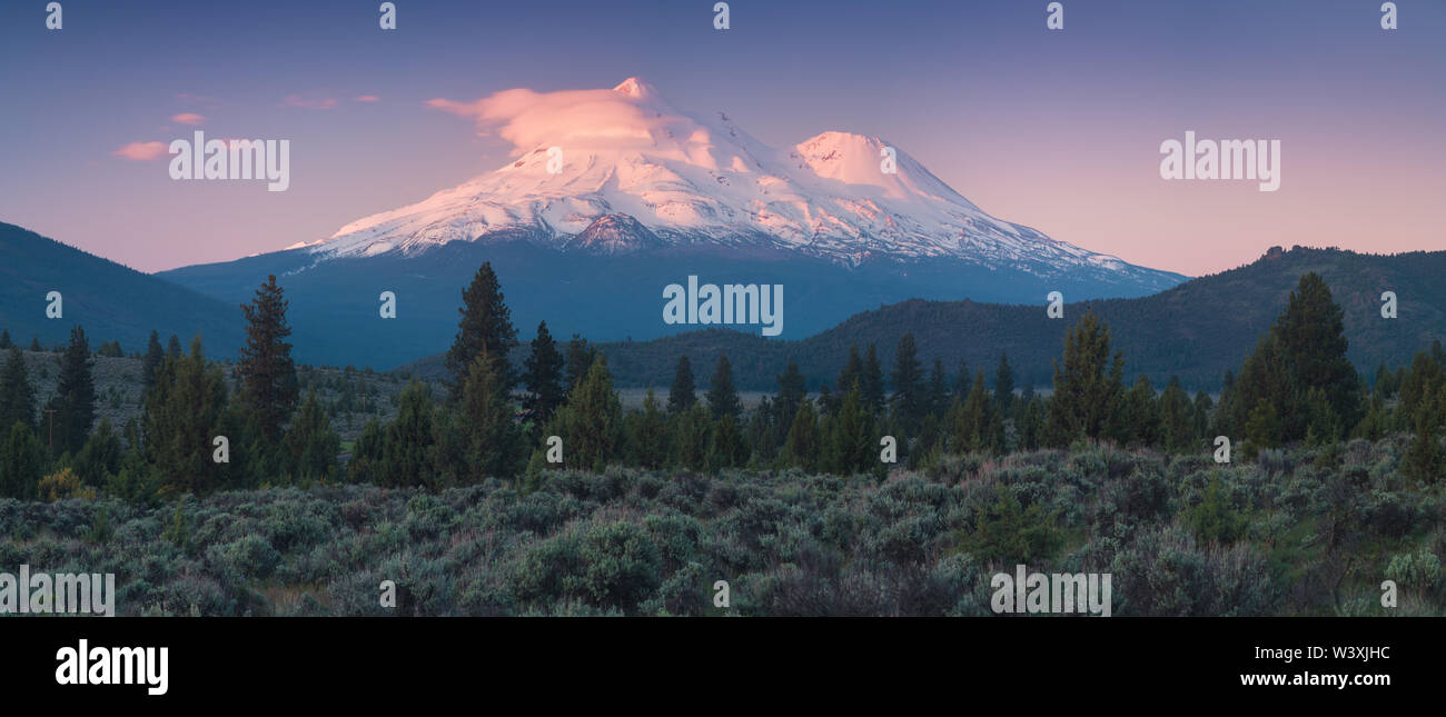 Mount Shasta Volcano with glaciers, in California, USA. Panorama from ...
