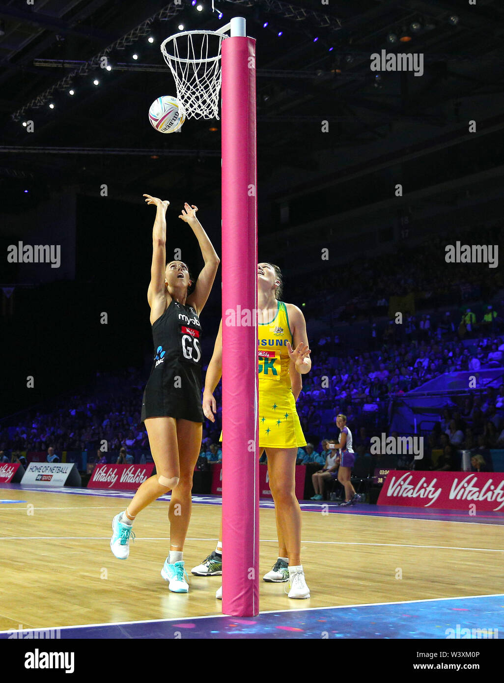 New Zealand's Bailey Mes shoots at goal during the Netball World Cup match at the M&S Bank Arena ...