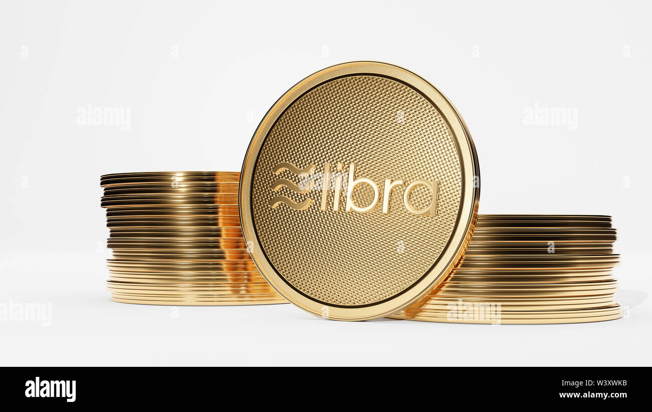 Concept of golden Libra coins with logo on front. New project of ...