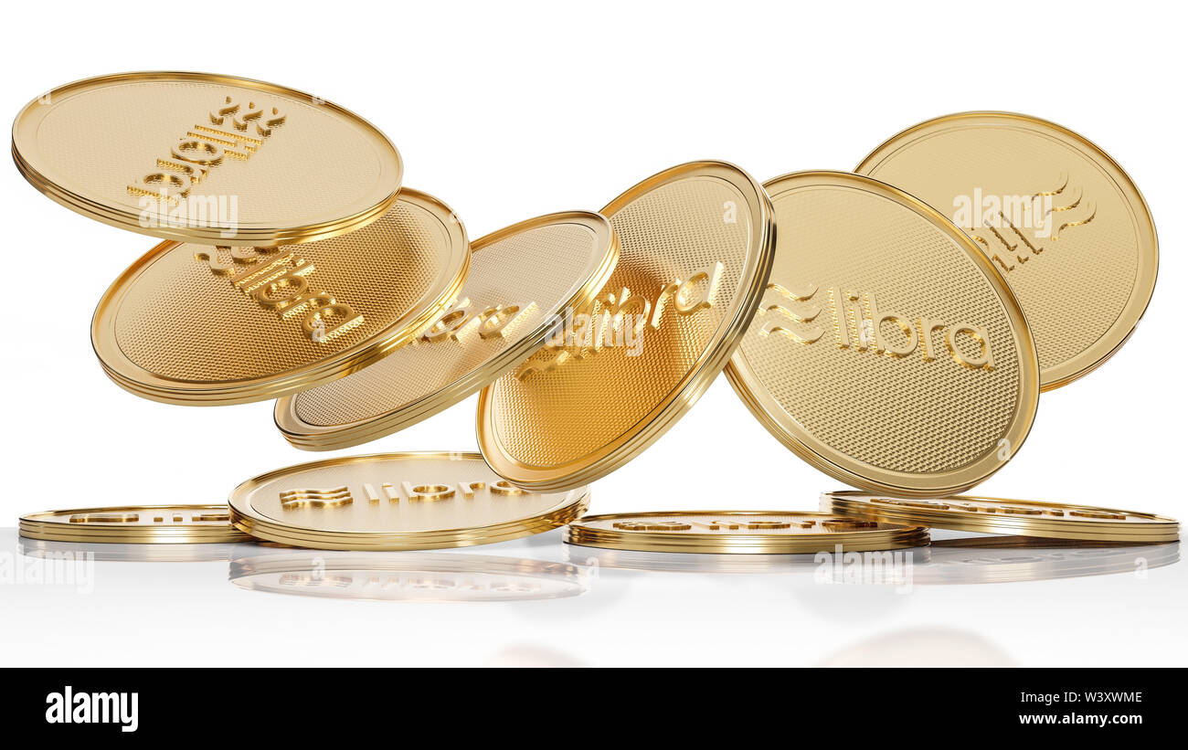 Concept of golden Libra coins with logo on front. New project of ...