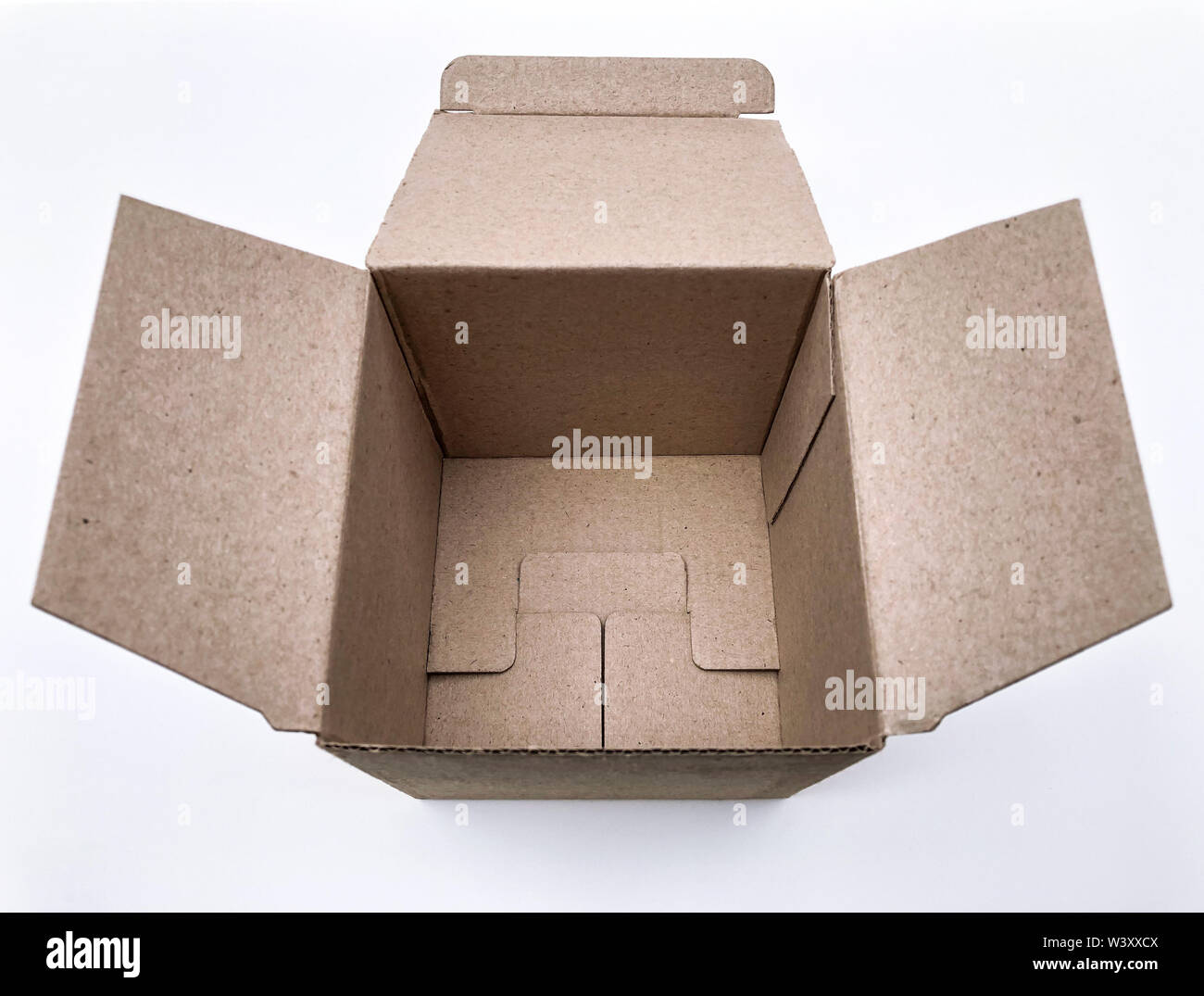 Square open cardboard box isolated on white background for promotion or ...