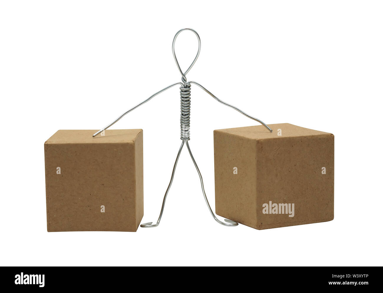 Man made from aluminum wire between two cardboard boxes Stock Photo - Alamy