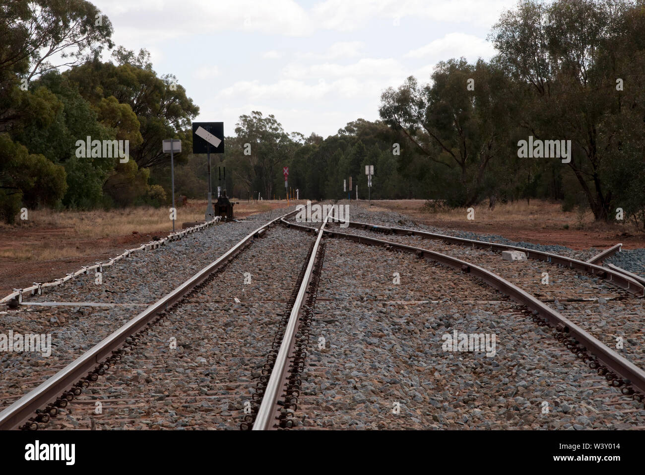 Kamarah Australia, view along rail track where two train tracks merge ...