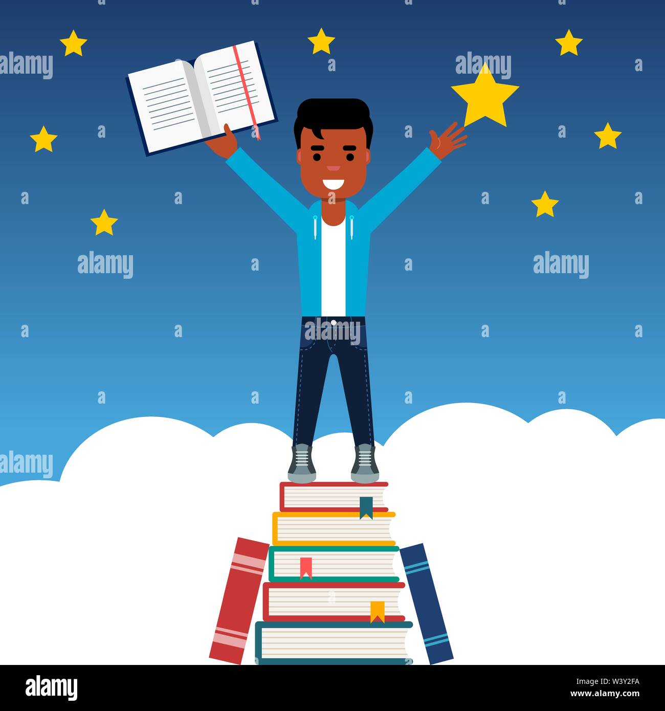 Young African American on pile of books reaching out for the star ...