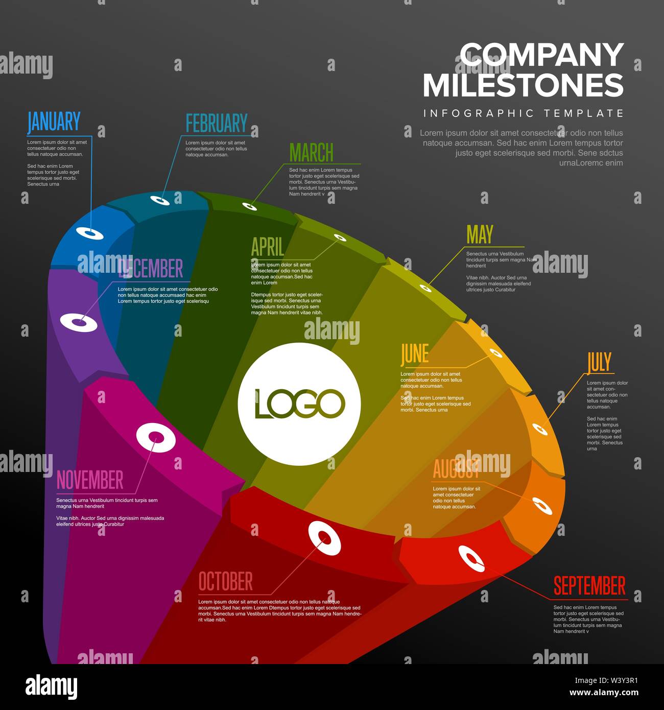 Full year circular timeline template with all months on a big circle ...