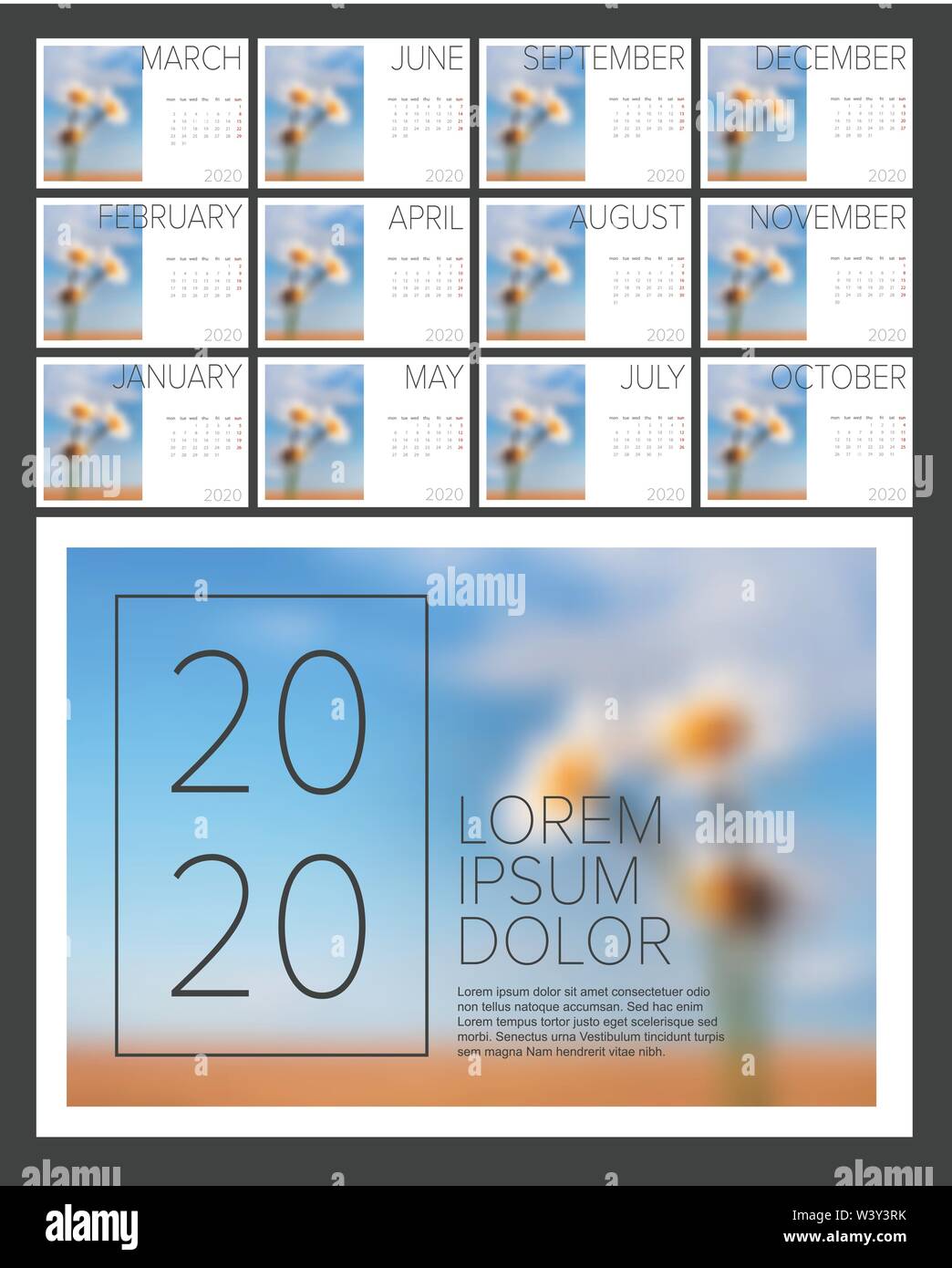 Vector calendar template with sample nature photo for the year 2020 ...