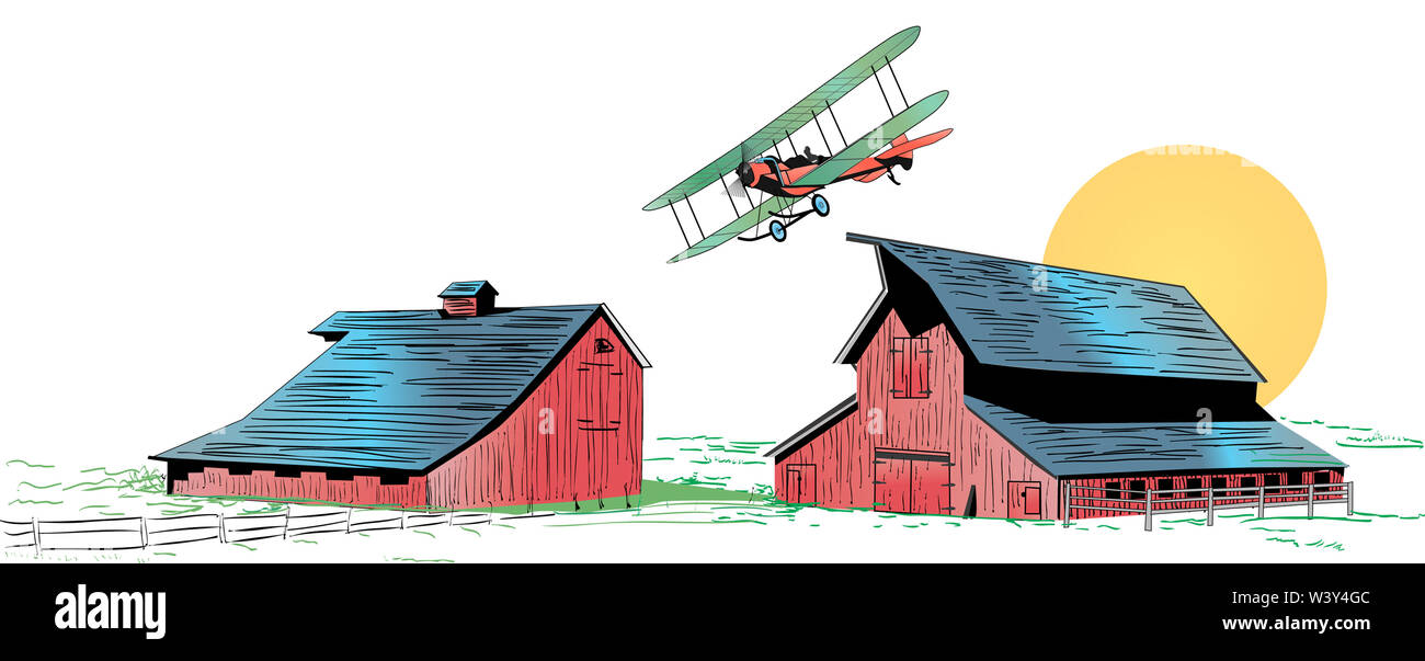 Illustration of red barns in a graphic style with biplane flying above ...