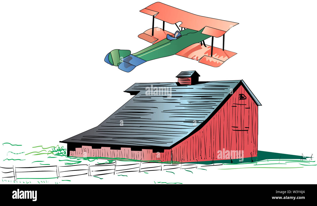 Illustration of a red barn graphic style with biplane flying above it ...