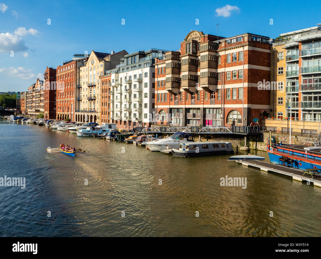 Bristol floating harbour waterfront from Redcliffe Bridge in the city ...
